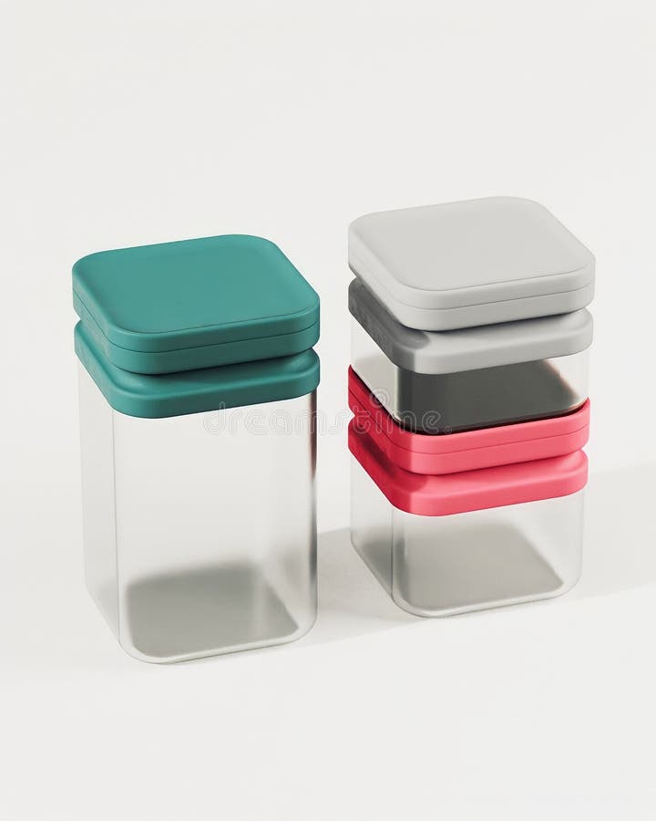 Two Sets of Square, Clear Plastic Containers with Colored Lids. One Set ...