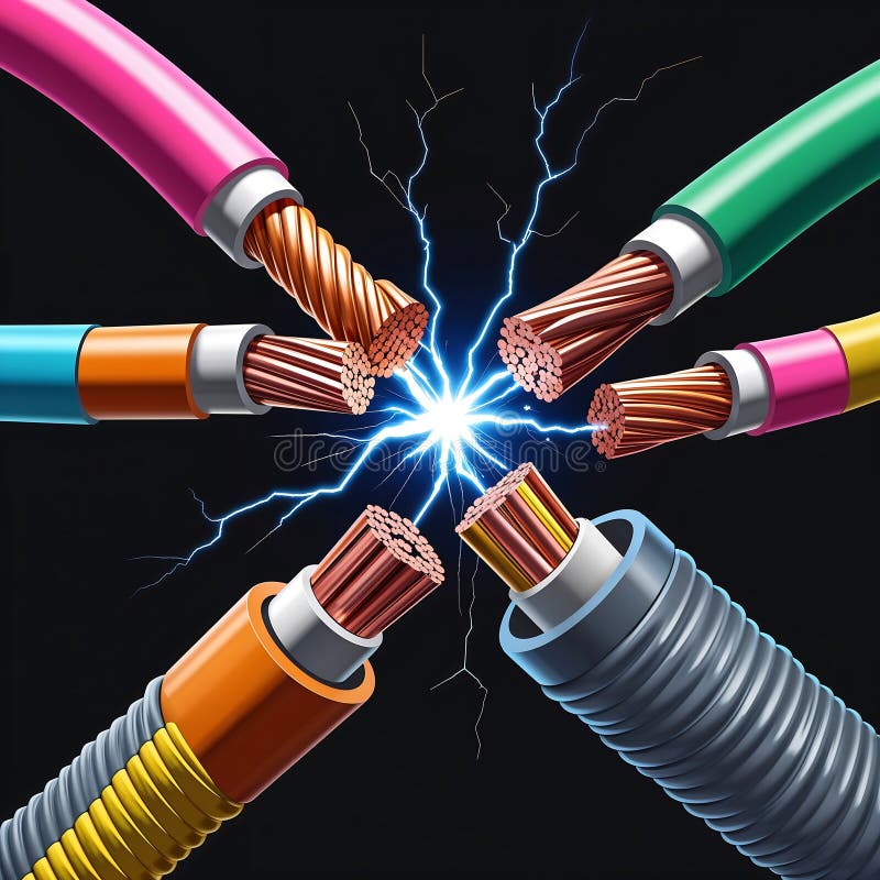 Severed Electrical Cables with Multicolored Wires on Black Background ...