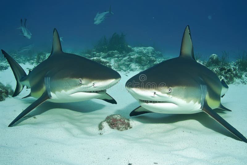 Two Sharks Swim Together in the Open Ocean Stock Image - Image of ...