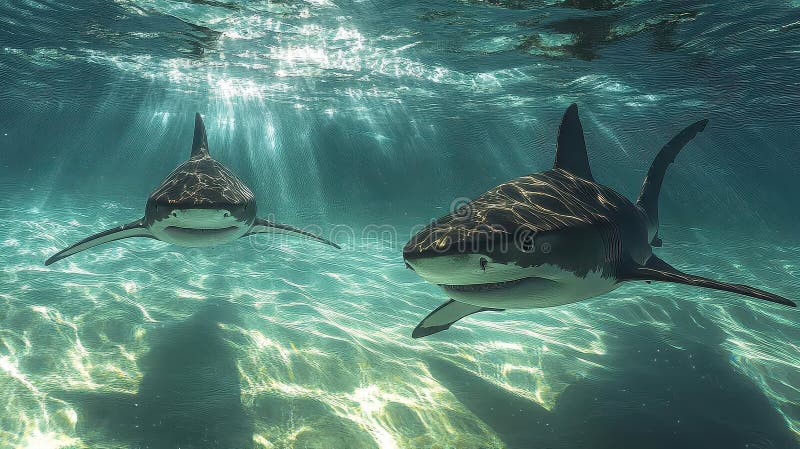 Two Sharks Swimming in the Ocean Stock Illustration - Illustration of ...