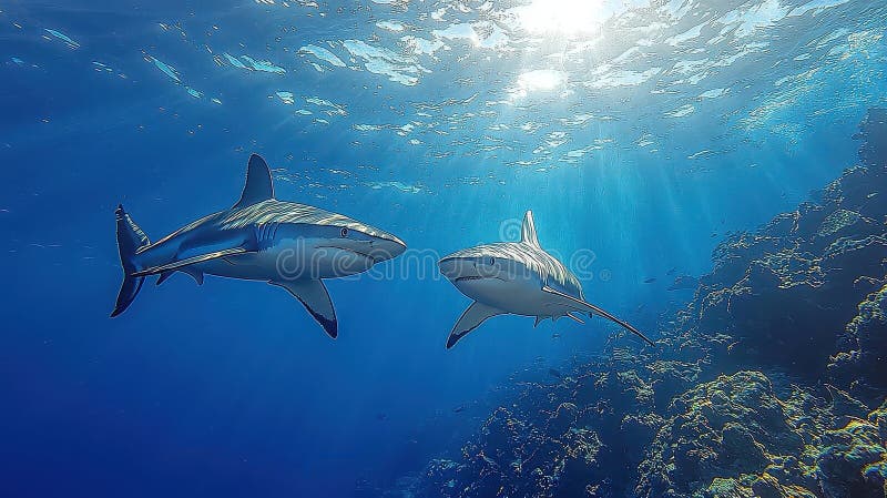 Two Sharks Swimming in the Ocean Stock Illustration - Illustration of ...