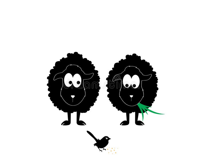 Two Sheep Silhouettes with Bird, Illustration. Cartoon Character Stock ...