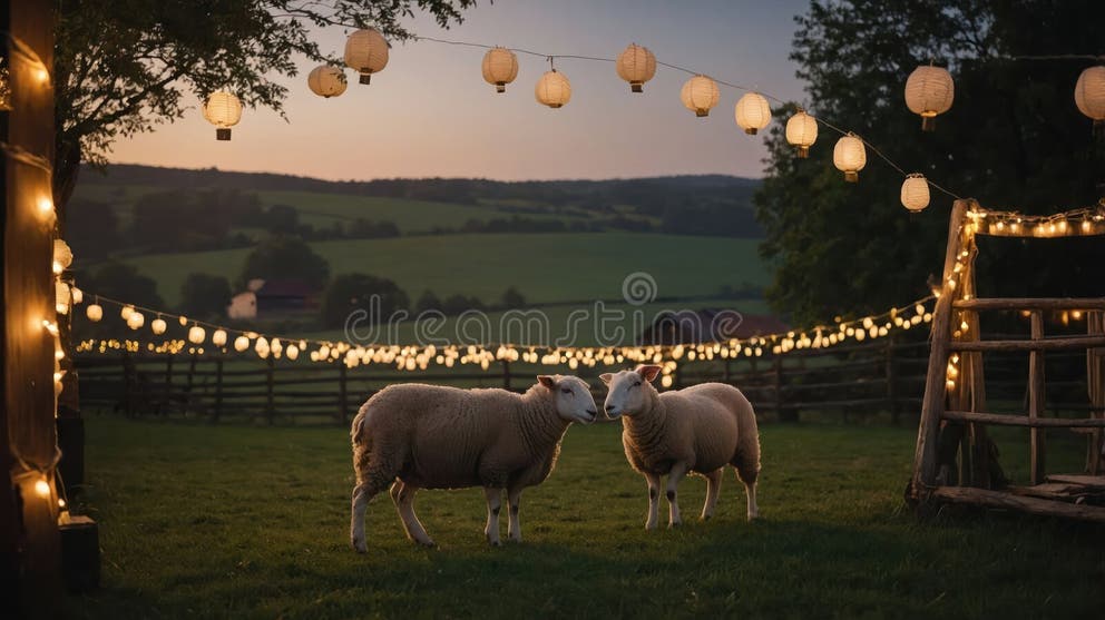 Romantic Sunset Scene: Two Sheep in a Field with Fairy Lights Stock ...