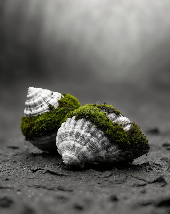 Two Shells with Green Moss on Them are Sitting on a Muddy Ground Stock ...