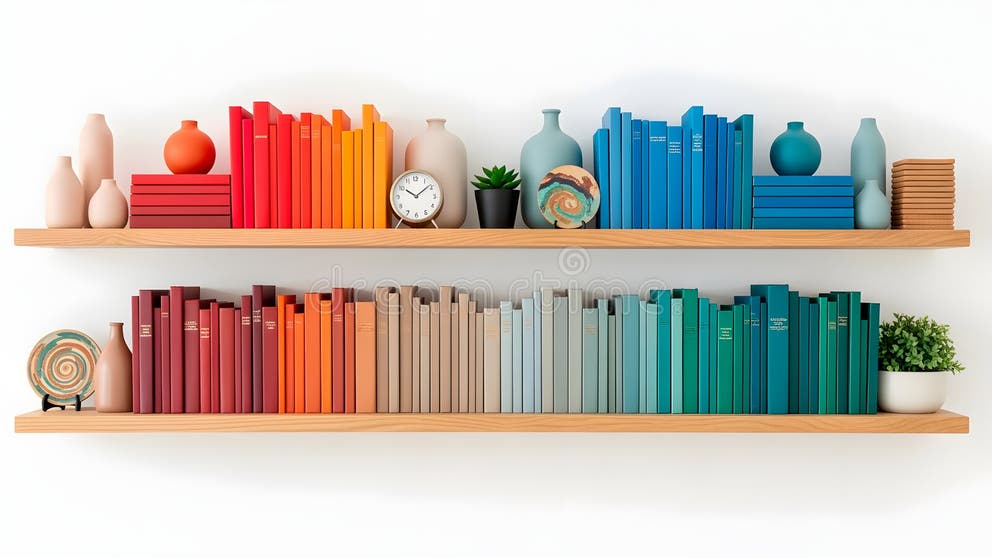 Two Shelves of Color-coded Books and Decorative Objects Create a ...