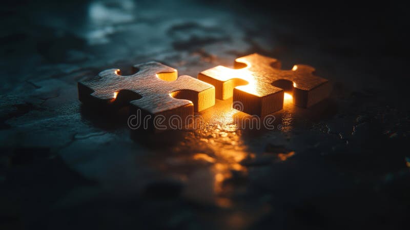 Two Shimmering Puzzle Pieces Illuminated in a Dark, Textured ...