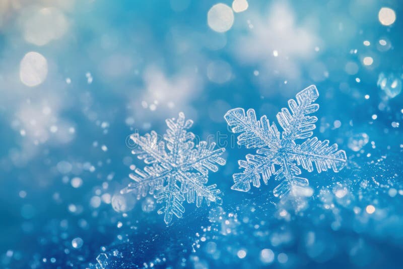 Two Shimmering Snowflakes Glisten on a Soft Blue Backdrop, Capturing ...