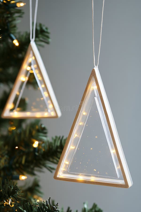 Two Shimmering Triangular Ornaments Dangle Gracefully from a Lush ...