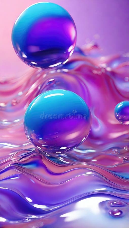 Two Shiny Blue and Purple Spheres Floating on a Beautiful Reflective ...
