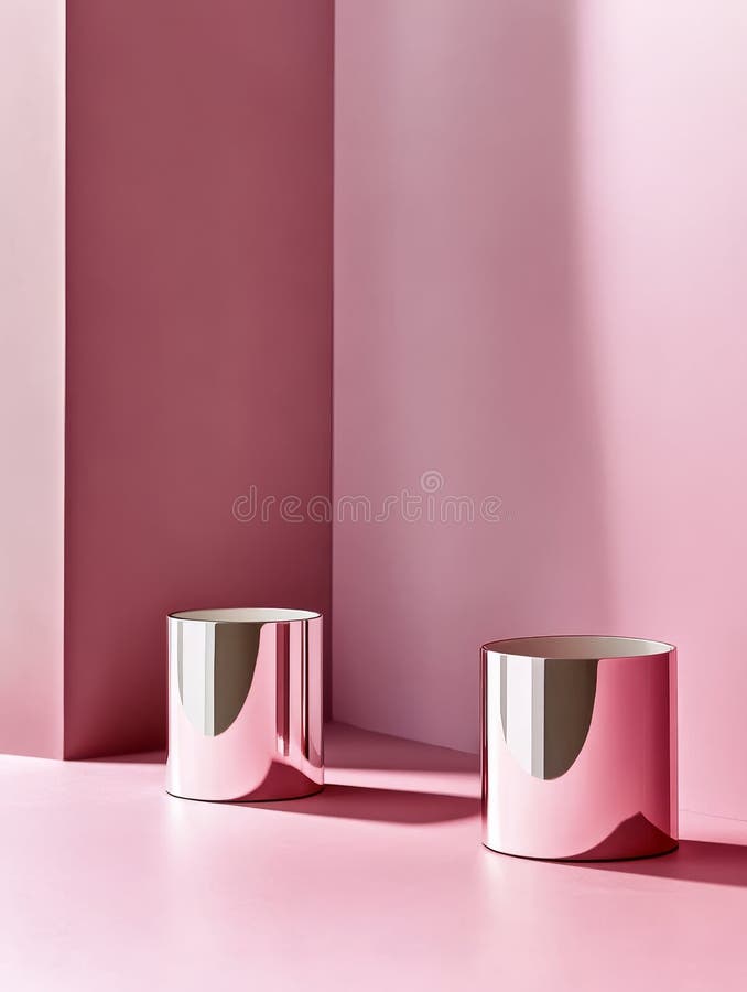 Two Shiny Cylindrical Objects Rest on a Pink Surface Against a ...