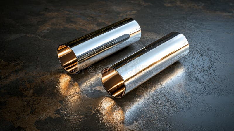 Two Shiny Metal Tubes Lie Side by Side on a Textured Surface Stock ...