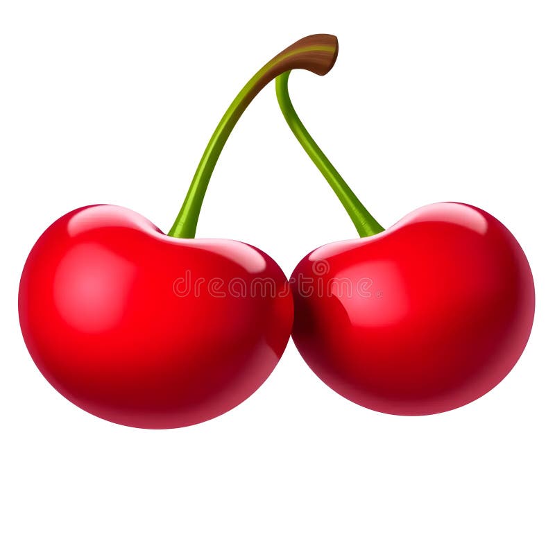 Two Shiny Red Cherries Attached by Their Green Stems Stock Illustration ...