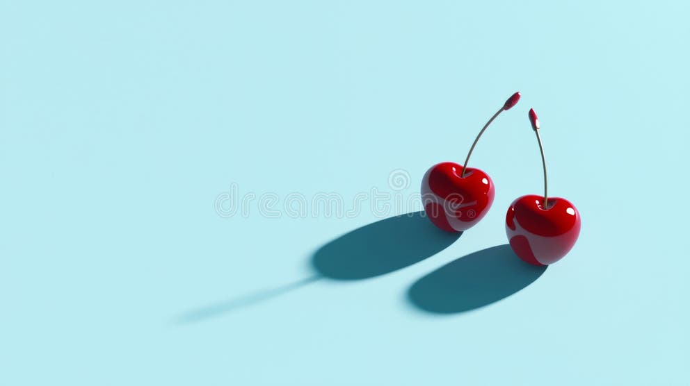 Two Shiny Red Cherries with Stems are Casting Shadows on a Minimalist ...