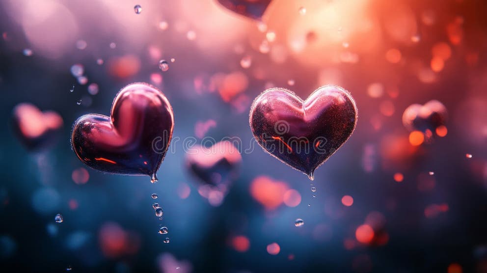 Two Shiny Red Hearts Falling through Water Drops Stock Illustration ...