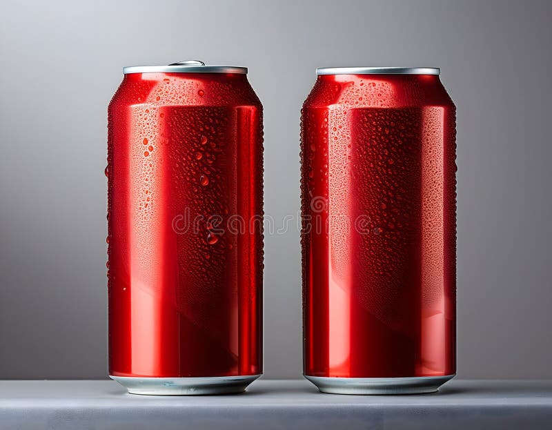Two Shiny Red Soda Cans with Condensation, Standing Side by Side ...