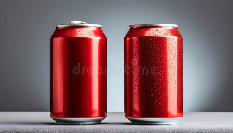 Two Shiny Red Soda Cans with Condensation, Standing Side by Side ...