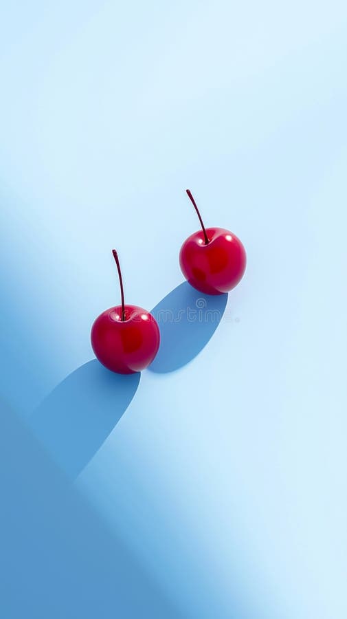 Two Shiny, Ripe Cherries with Stems Sit on a Smooth, Light Blue Surface ...