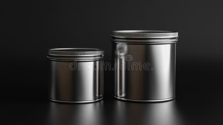Two Shiny Silver Metal Containers of Different Sizes on Dark Textured ...