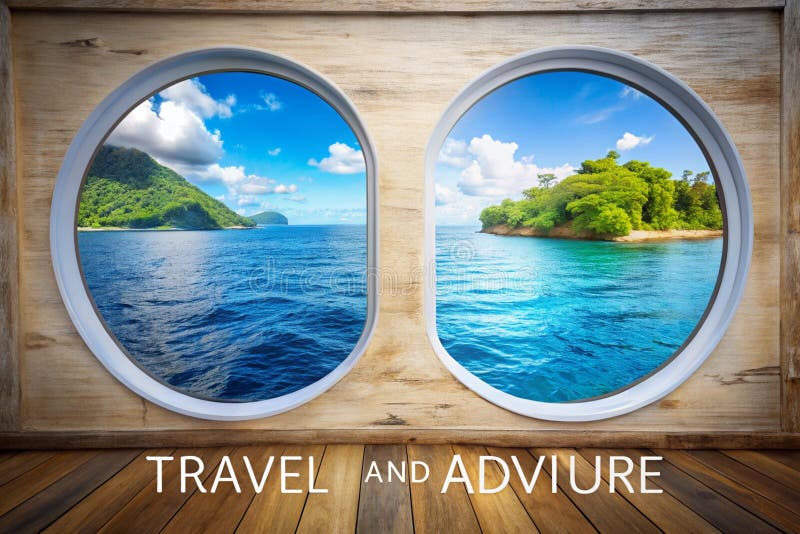 Two Ship Windows with Tropical Sea and Ocean Island View Stock ...