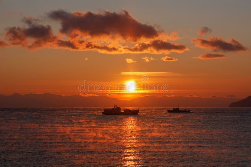 Two Ships on Background of Red Sunset Stock Image - Image of seascape ...