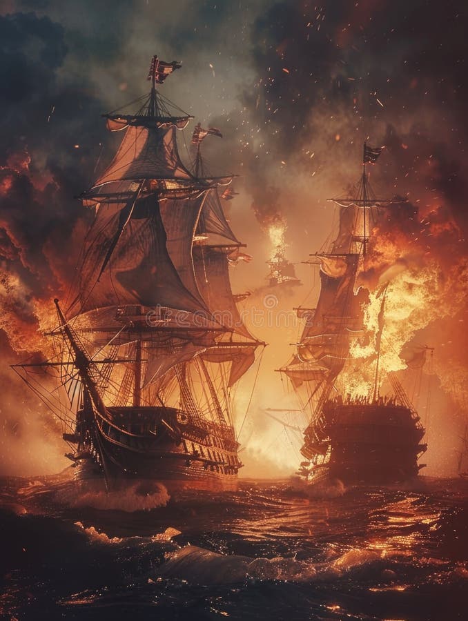 Two Ships at Sea with Fire Background Stock Photo - Image of ocean ...