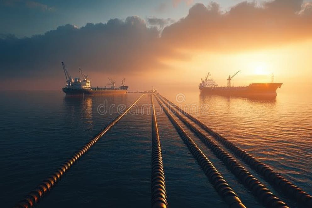 Two Ships at Sunset with Floating Pipelines in Calm Waters Stock ...