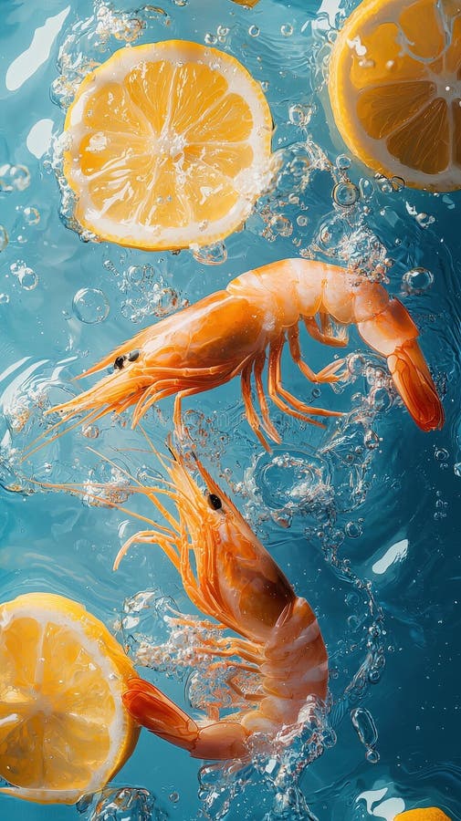 Two Shrimp with Lemon Slices in Sparkling Water Scene Stock Image ...
