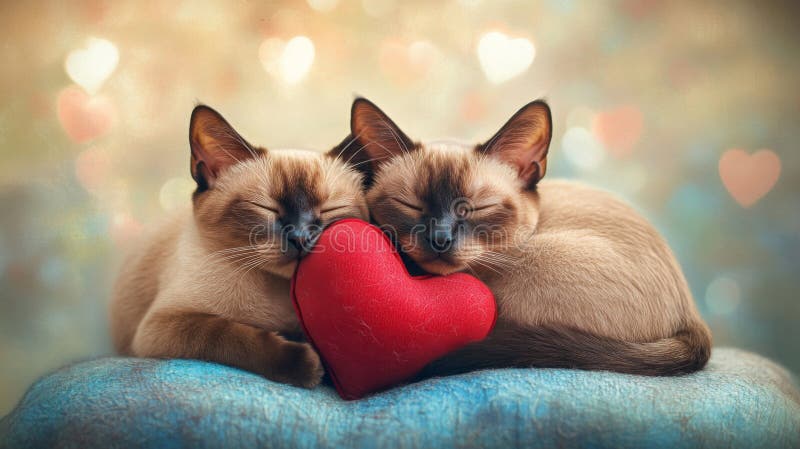 Two Siamese Kittens Cuddle a Red Heart Stock Illustration ...