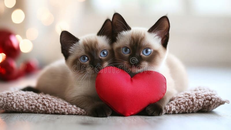 Two Siamese Kittens Cuddle a Red Heart Stock Illustration ...