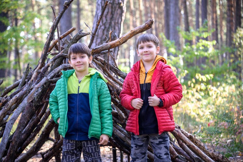 Two Sibling Brothers Boys in the Spring or Autumn Pine Forest Pl Stock ...