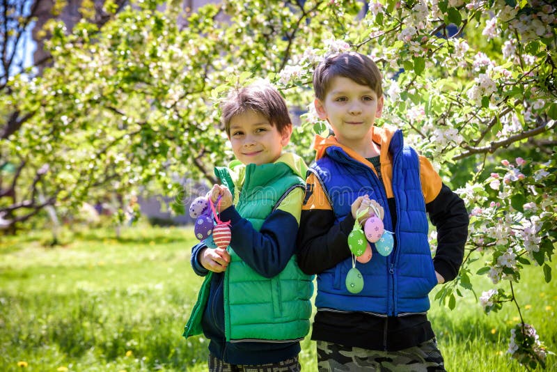 Two Sibling Brothers Friends after Successful Egg Hunt Standing and ...