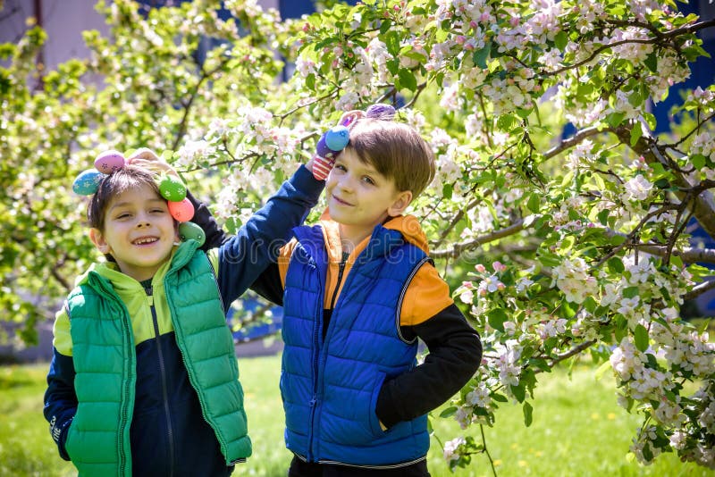 Two Sibling Brothers Friends after Successful Egg Hunt Standing and ...