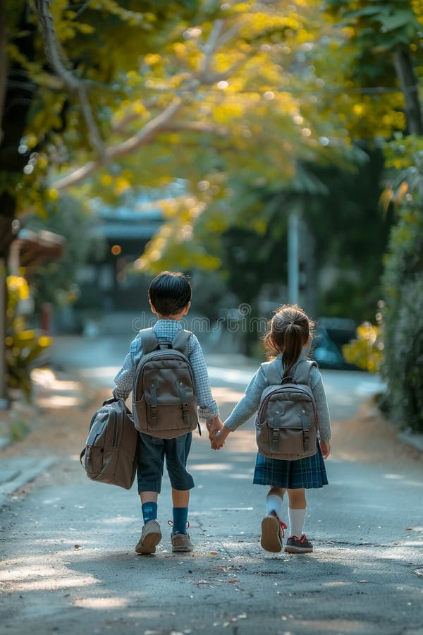 Two Siblings in School Uniforms Walking Hand in Hand on Sunny Path ...