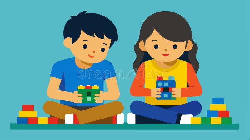 Two Siblings Sit Quietly Side by Side Each Intently Focused on Building ...