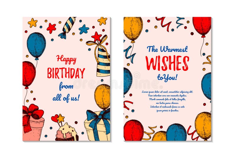 Two Sides Birthday Vertical Greeting Card. Design with Hand Drawn ...