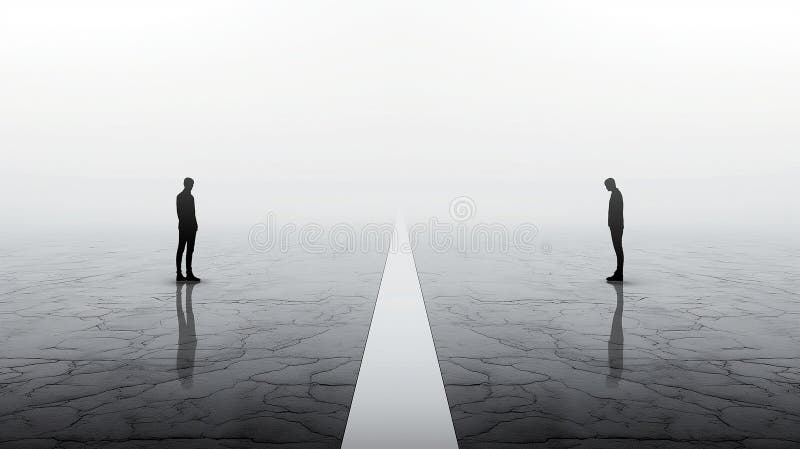Two Silhouetted Figures Face Away from Each Other, Separated by a Stark ...