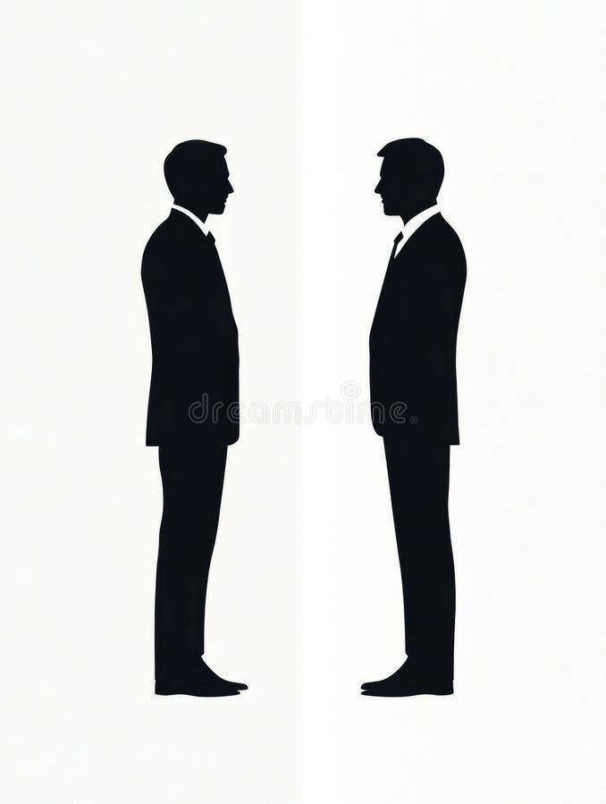 Two Silhouetted Figures Facing Each Other in Formal Attire on a Plain ...
