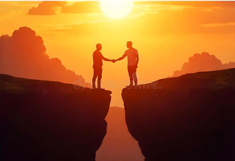 Two Silhouetted Figures Reaching Out Across a Dramatic Sunset. a ...