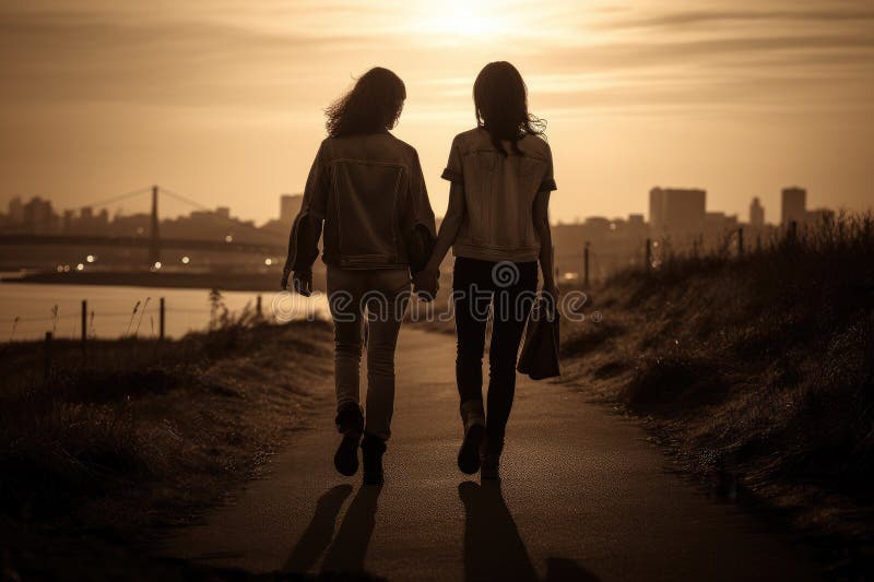 Two Women Holding Hands Walking Down a Path Stock Illustration ...