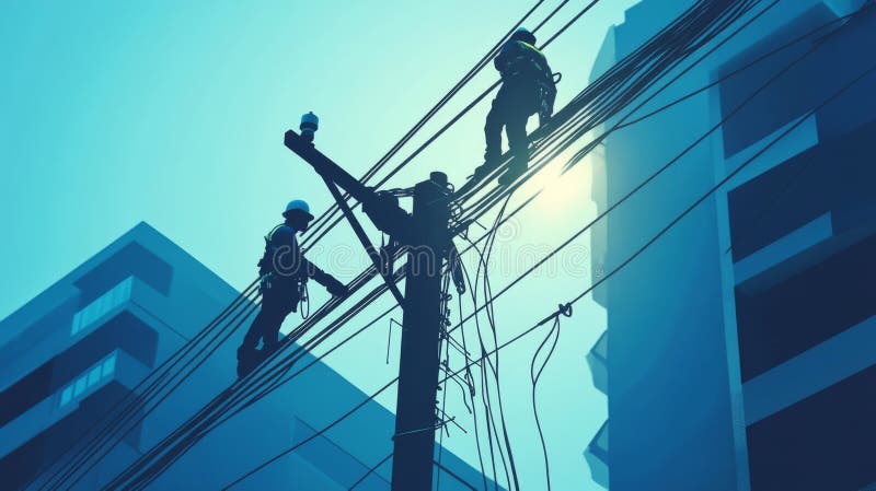 Two Silhouetted Workers on a Power Pole Against a Blue Sky and Building ...
