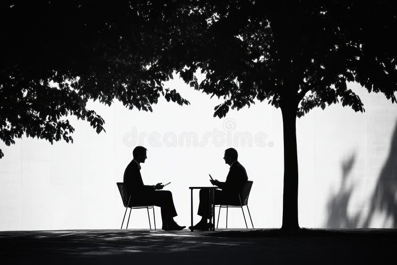 Two Silhouettes of Business Professionals Engaged in Discussion Under a ...