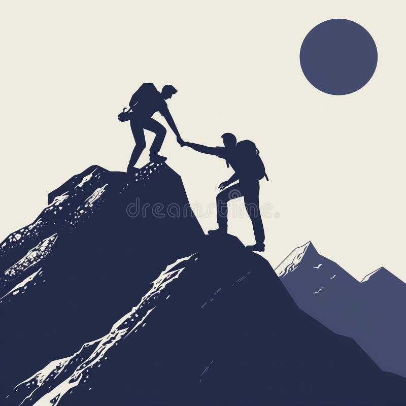 Two Silhouettes Climbing a Mountain and Aiding Each Other in Reaching ...