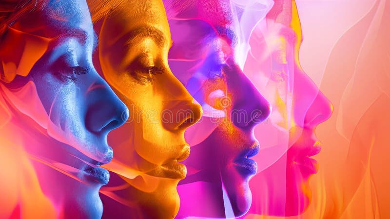 Two Silhouettes of a Man and a Womans Faces Overlaid with a Multicolor ...