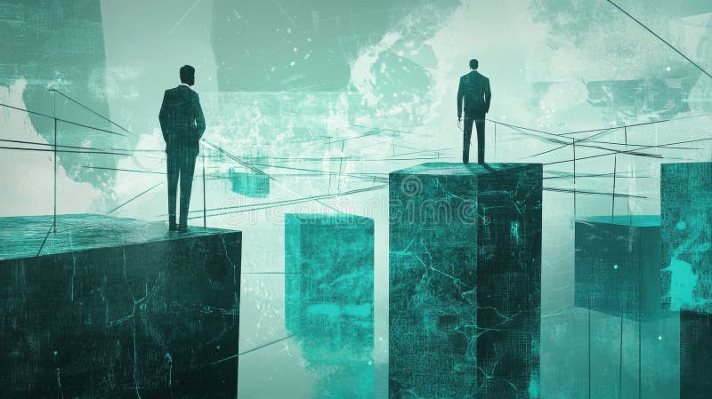Two Silhouettes Standing on Abstract Pillars in a Surreal Digital ...