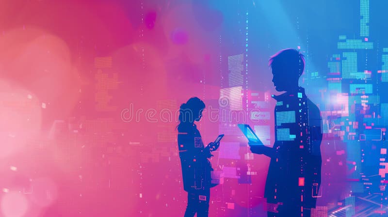 Two Silhouettes of Young People Using Devices Against a Neon ...
