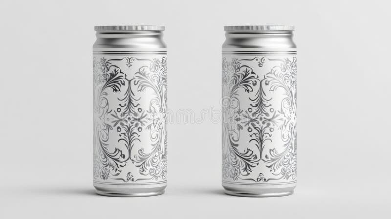 Two Silver Aluminum Cans with Abstract Black Pattern on White ...