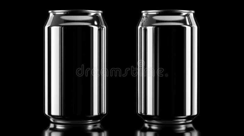 Two Silver Aluminum Cans on Black Background with Shiny Metal ...