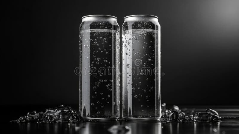 Two Silver Aluminum Cans Covered with Water Droplets on Black Surface ...