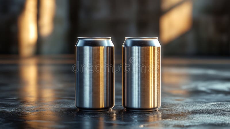 Two Silver Beverage Cans Positioned on a Reflective Surface during Late ...