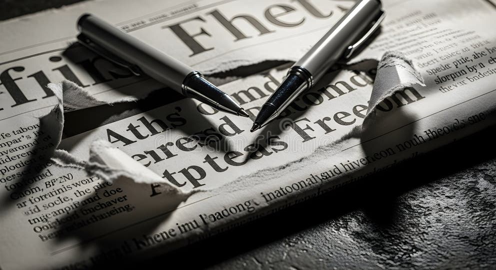 Two Classic Pens Rest on a Dramatically Lit, Torn Newspaper ...